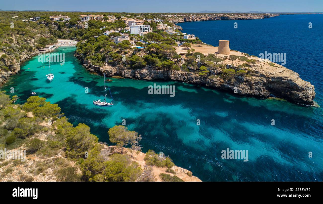 Aerial revealing view of the Bay of Cala Pi in Mallorca, Balearic ...