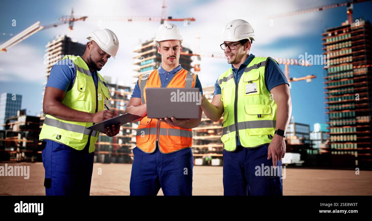 Multiracial OSHA inspection worker at diverse construction site meeting ...