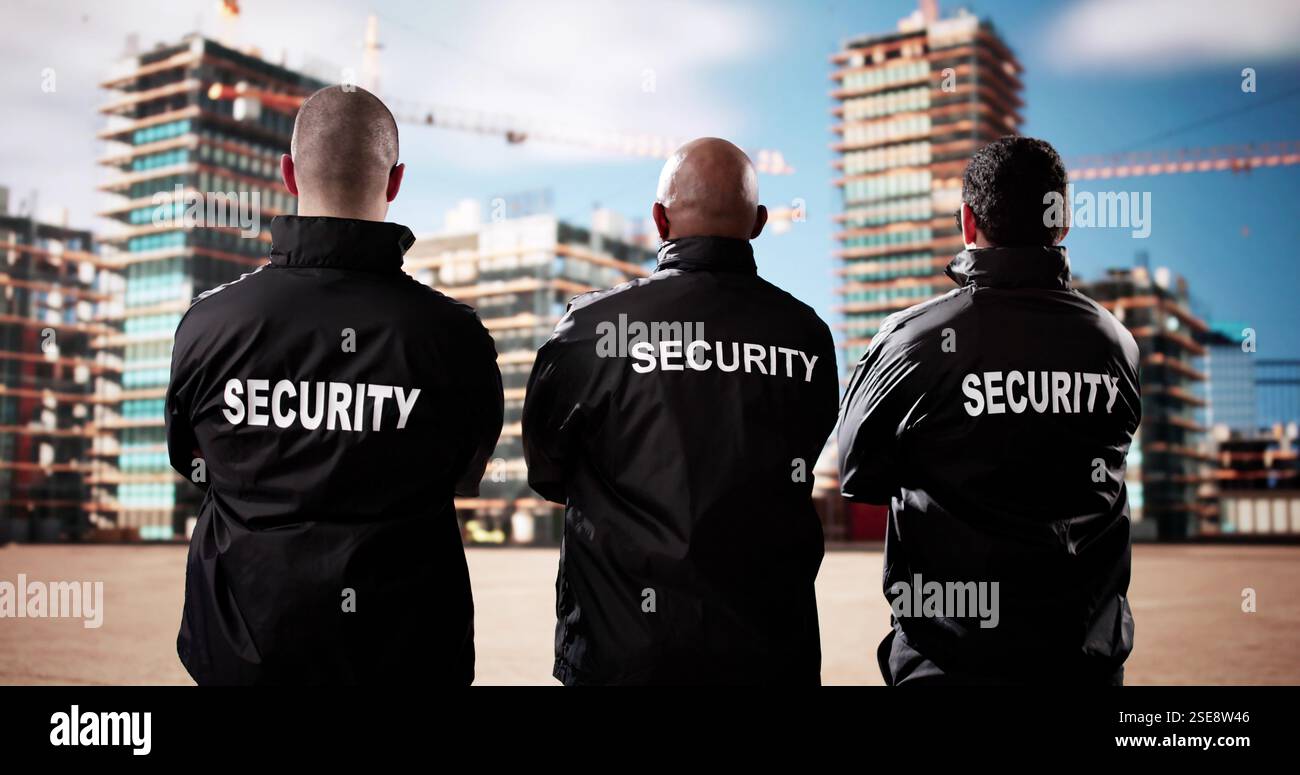 Diverse Security Guards In Black Uniform Patrol Construction Site ...