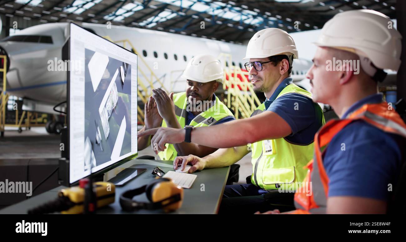 Diverse group of technicians repair air engines at hangar. Developing ...