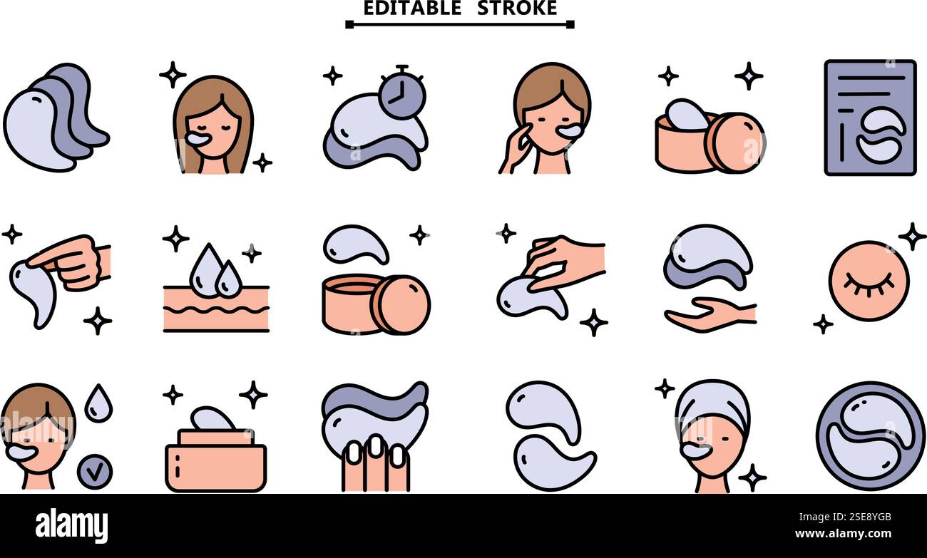 Eye gel patches color icons set. Editable stroke. Simple illustrations of eye mask. Trend care ...