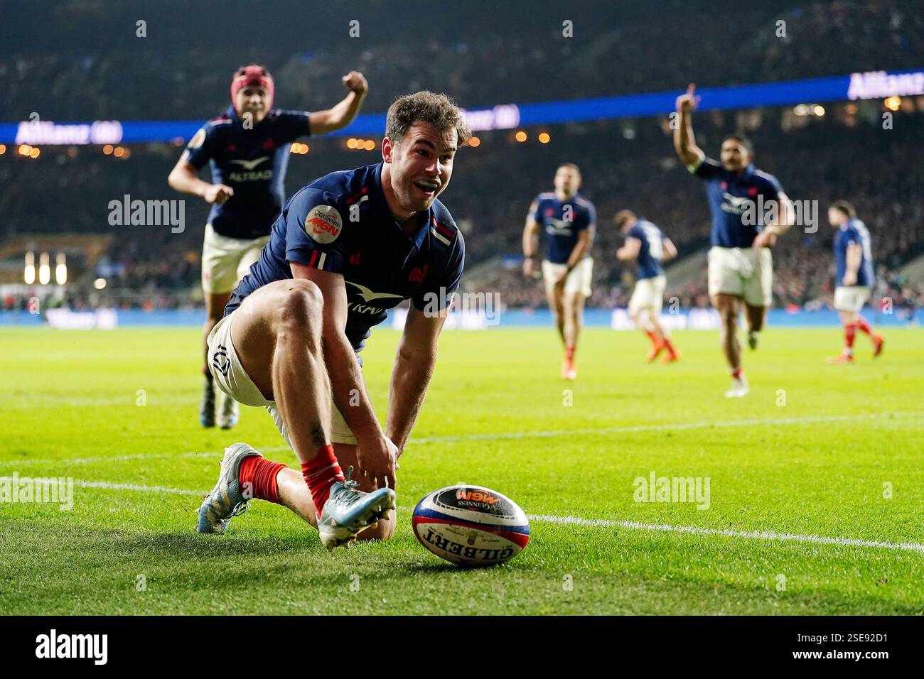 France's Damian Penaud celebrates scoring a try during the Guinness Men ...