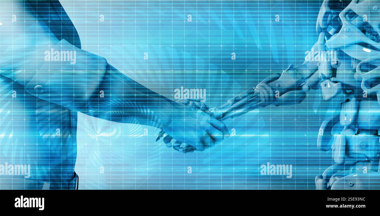 Man and Machine Robot Hand Handshake as Tech Concept Stock Photo - Alamy