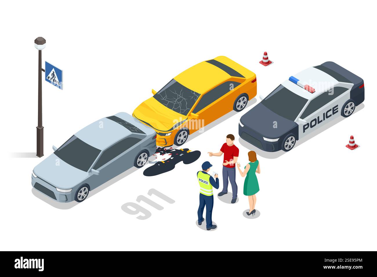 Car crash. Two cars crashed on a side street near a pedestrian crossing ...