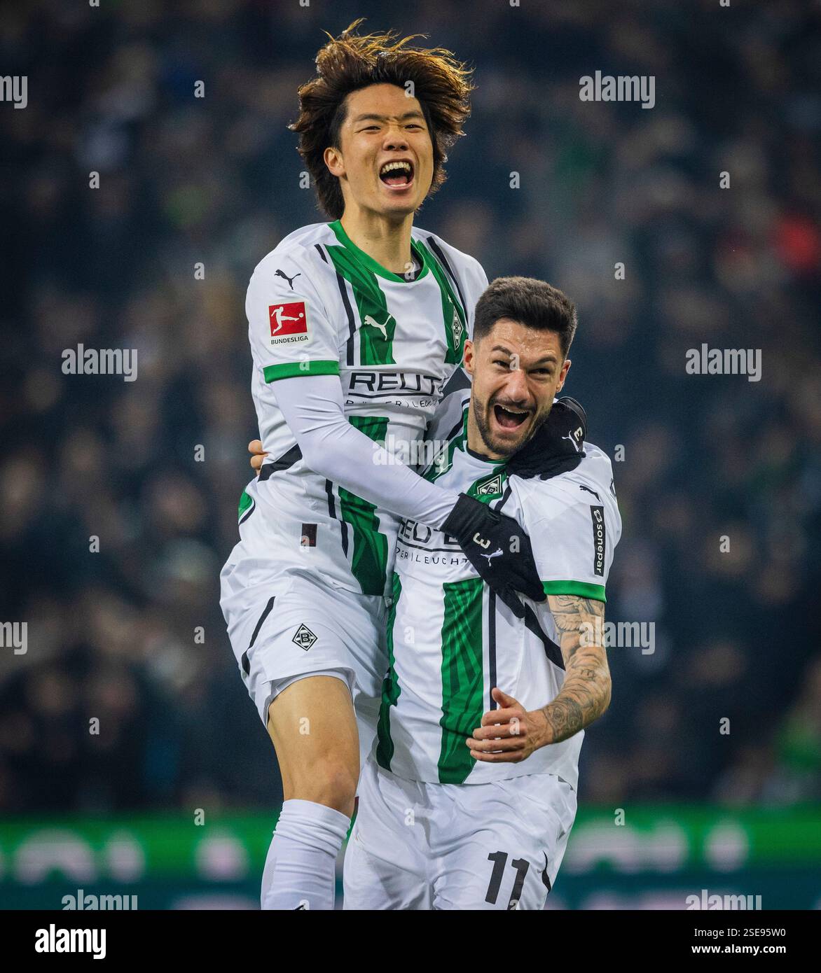Moenchengladbach, Germany. 08th Feb 2025. Goal celebration: Ko Itakura (BMG) Tim Kleindienst ...