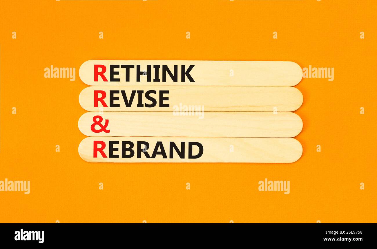 Rethink revise rebrand symbol. Concept word Rethink Revise and Rebrand on beautiful wooden ...