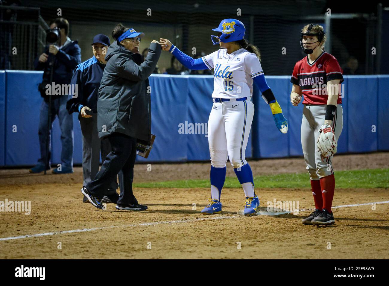 February 7, 2025: Coach Lisa Fernandez congratulates Jordan Woolery (15 ...