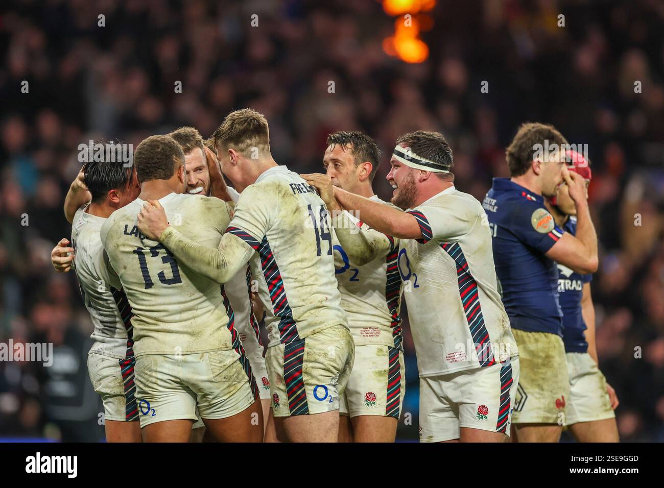 England's Elliot Daly, third left, celebrates with teammates after ...