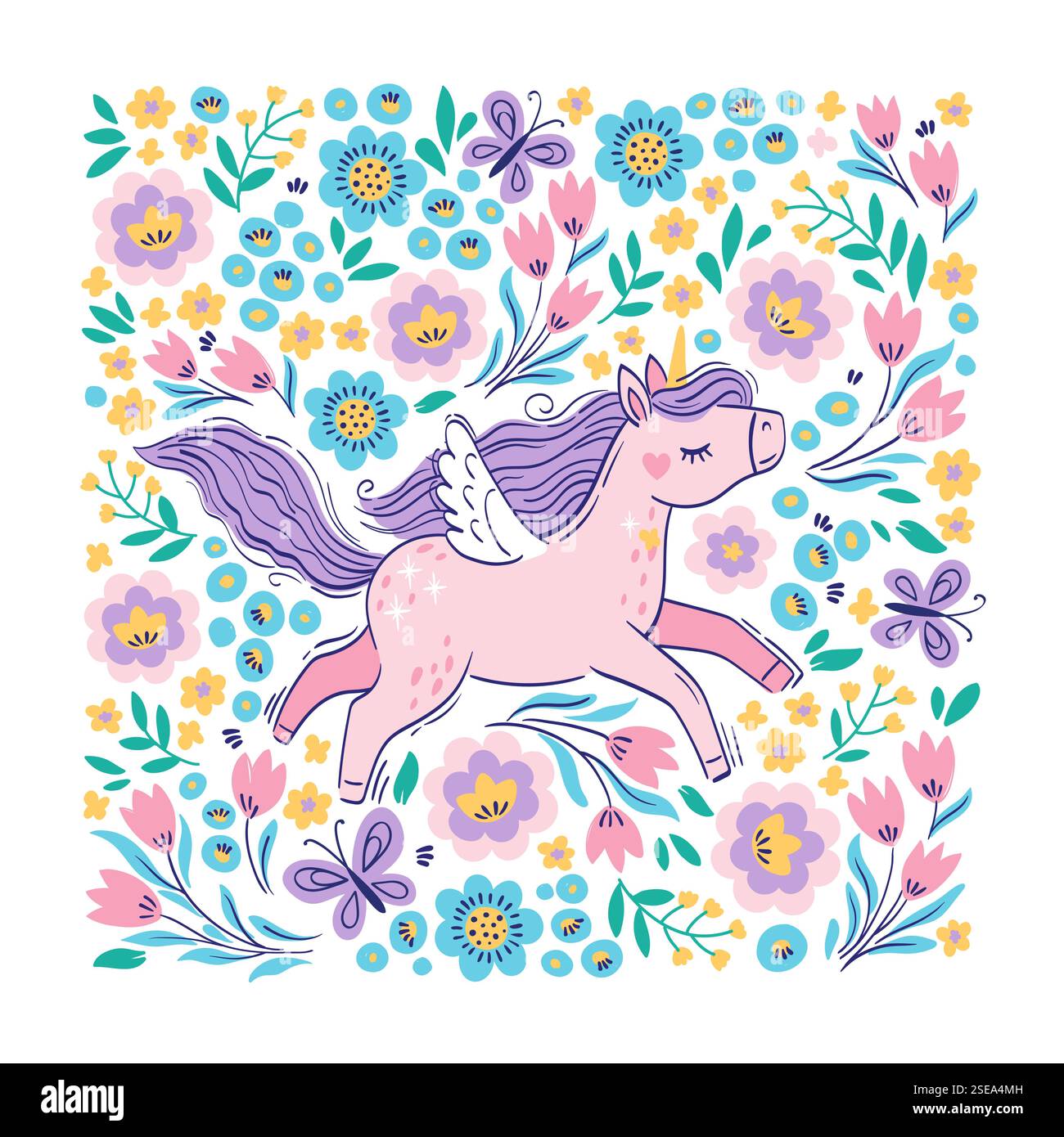Hand drawn vector square frame. Cute unicorn among fantasy flowers ...