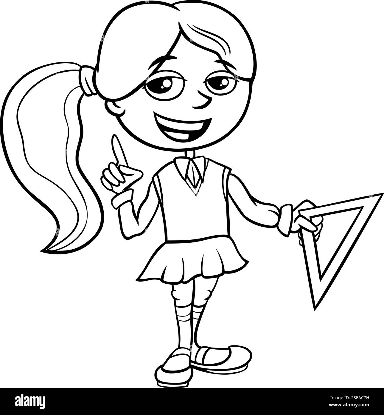 Cartoon illustration of elementary school student girl with triangle ...