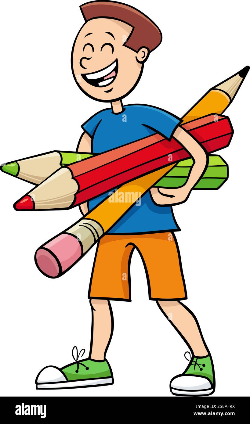 Cartoon illustration of elementary or teen age boy with big pencils and ...