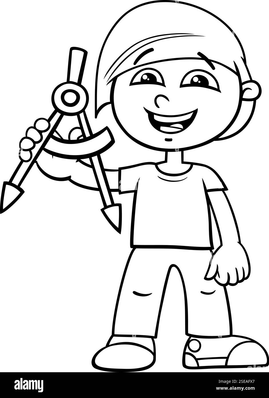 Cartoon illustration of elementary age student boy with school compass ...