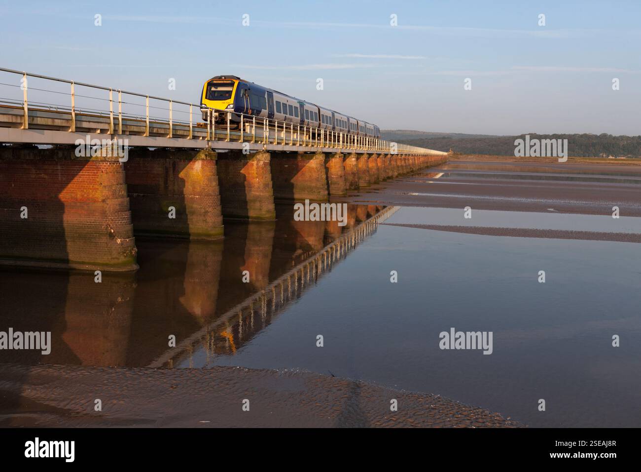 Northern rail class CAF 195 train crossing Arnside viaduct across the ...