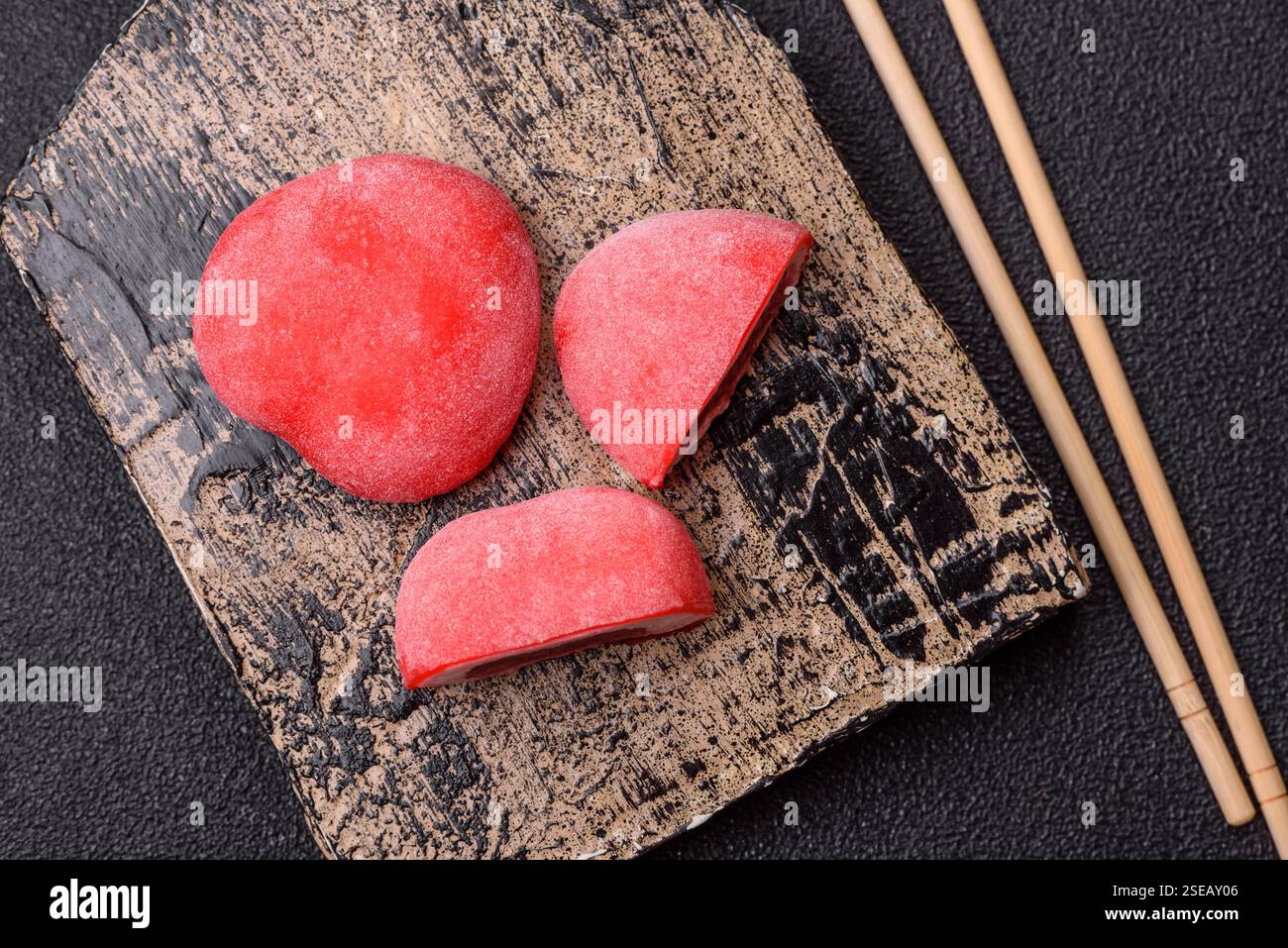 Delicious sweet mochi in the shape of red hearts for the holiday of ...