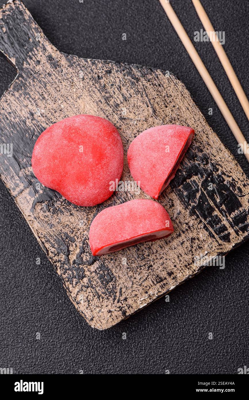 Delicious sweet mochi in the shape of red hearts for the holiday of ...