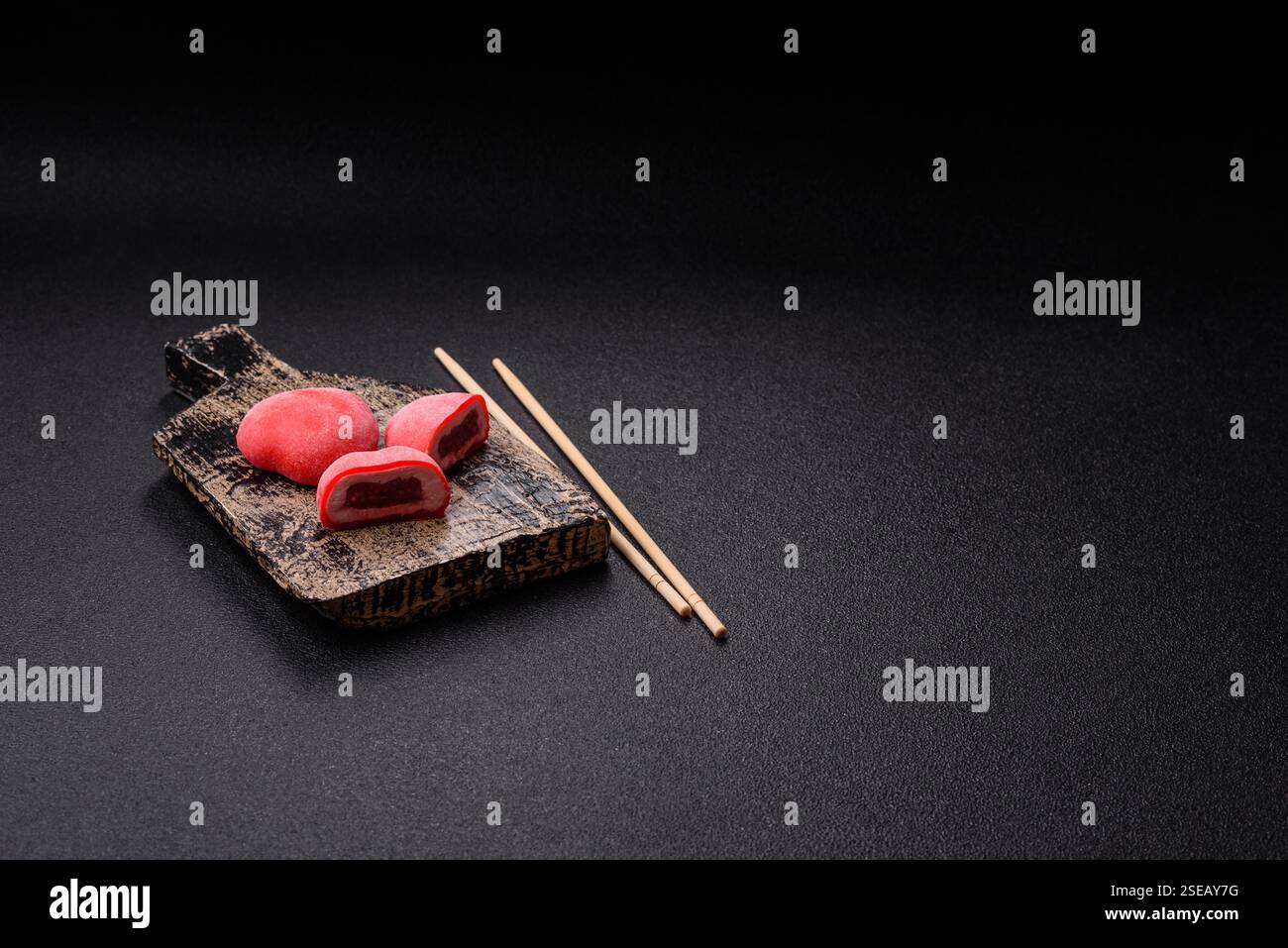 Delicious sweet mochi in the shape of red hearts for the holiday of ...