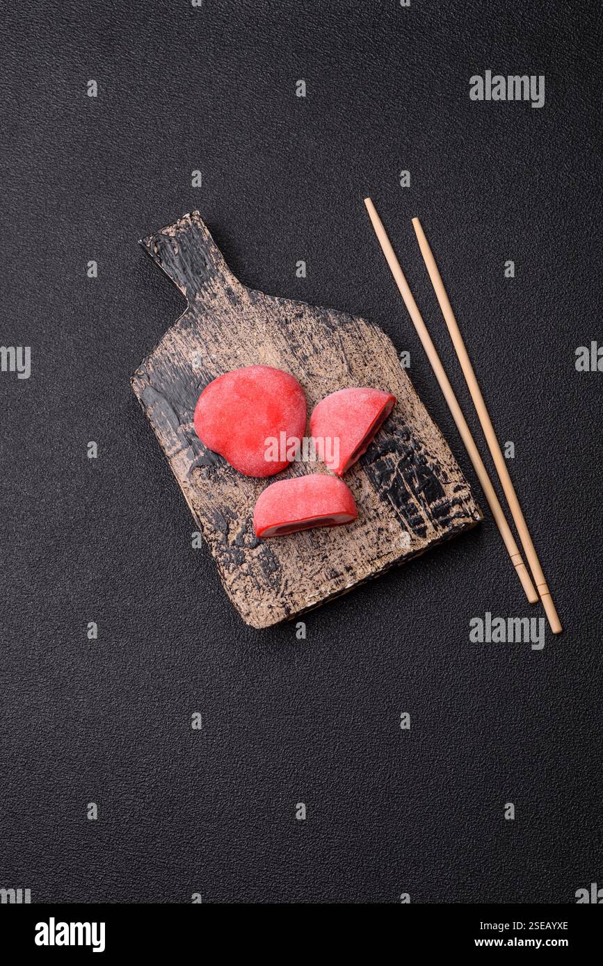 Delicious sweet mochi in the shape of red hearts for the holiday of ...