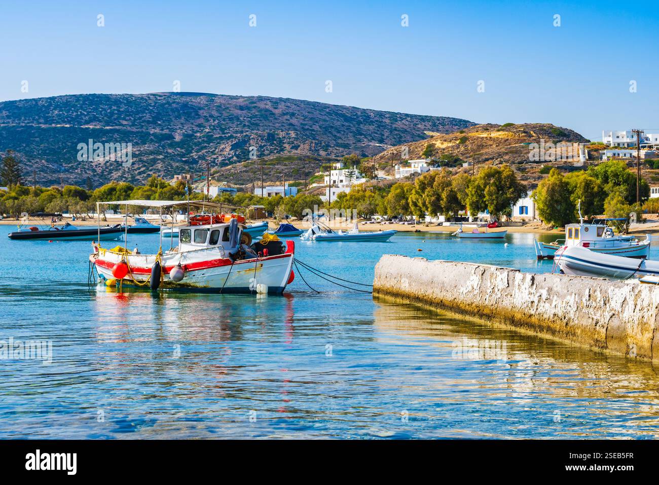 Fishing boat in Pollonia port, Milos island, Cyclades, Greece Stock ...
