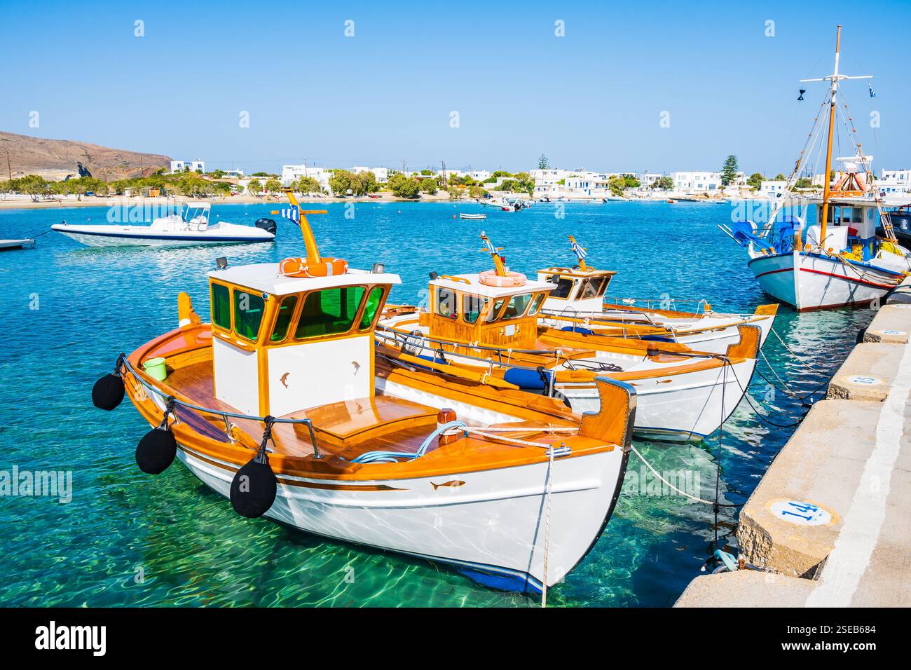 Fishing boats in Pollonia port, Milos island, Cyclades, Greece Stock ...