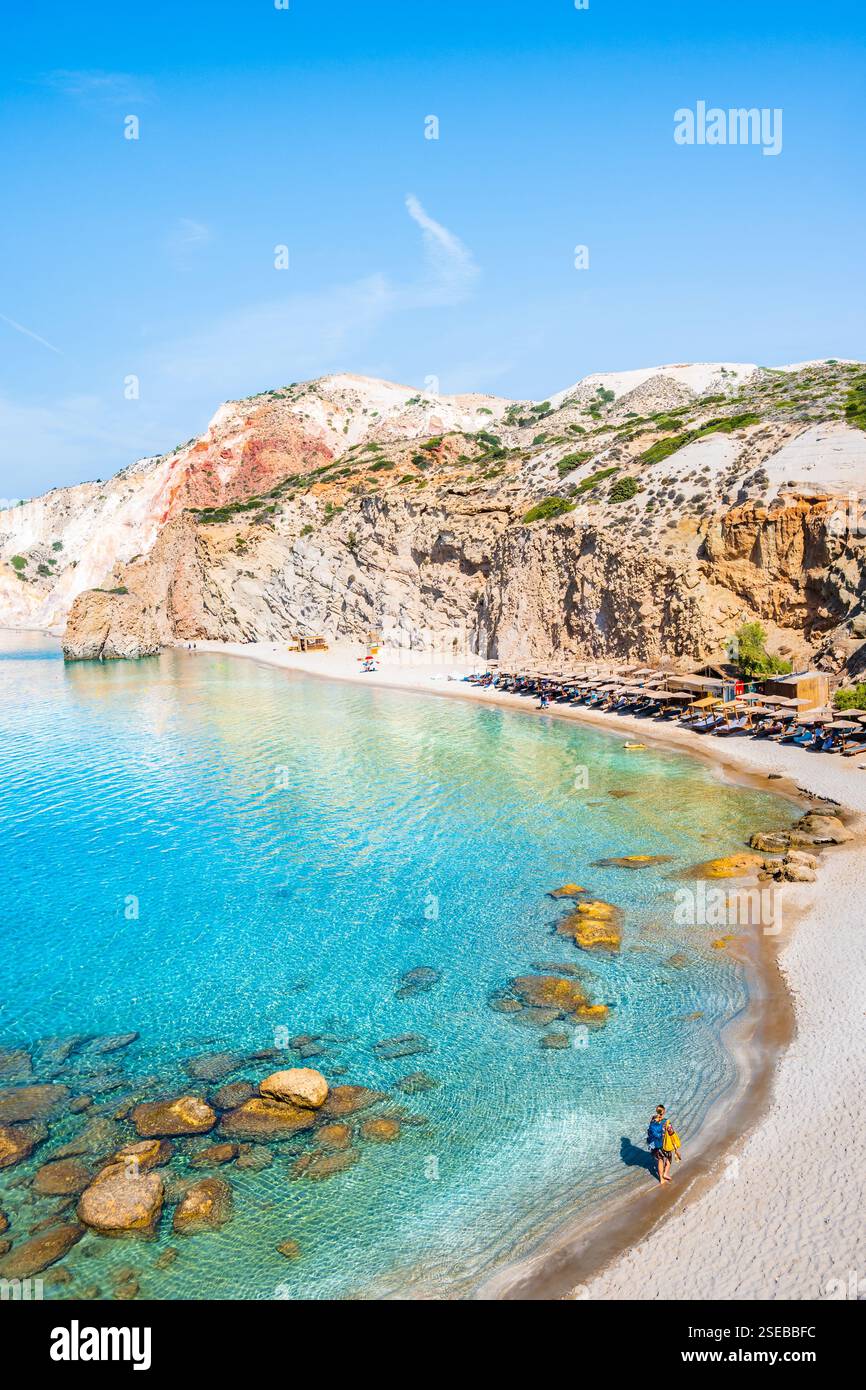 View of beautiful sandy Fyriplaka beach with azure sea water, Milos ...