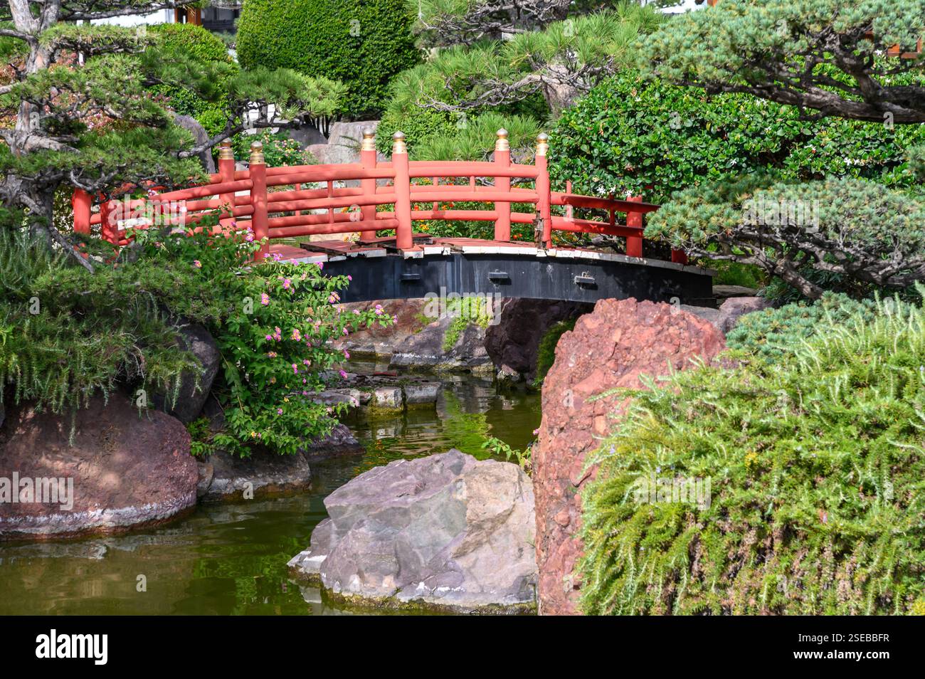 beautiful red Japanese bridge in the Japanese garden of Monaco Stock ...