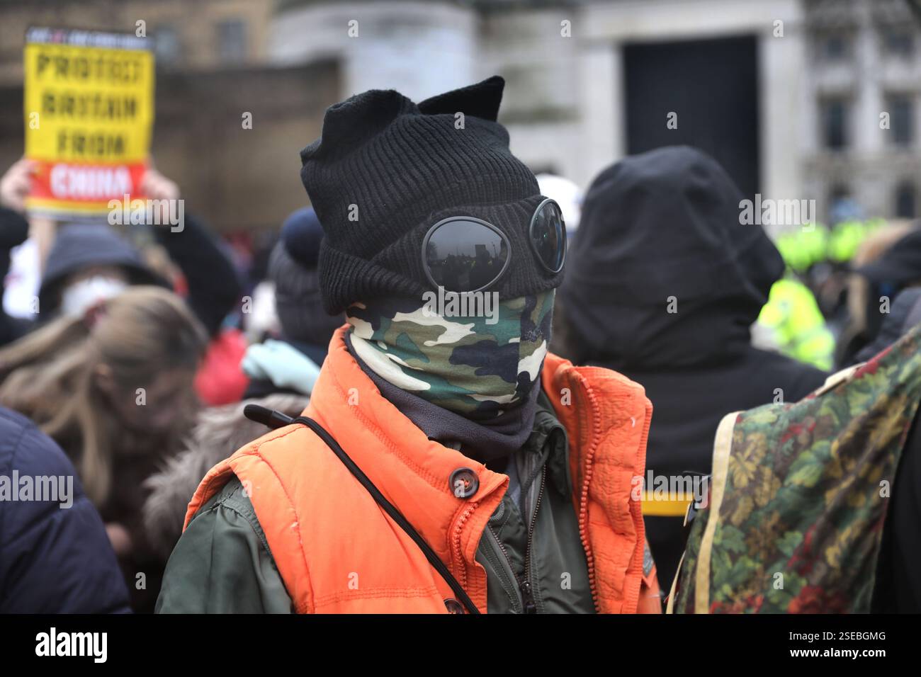 London, England, UK. 8th Feb, 2025. A protester fearful of being ...