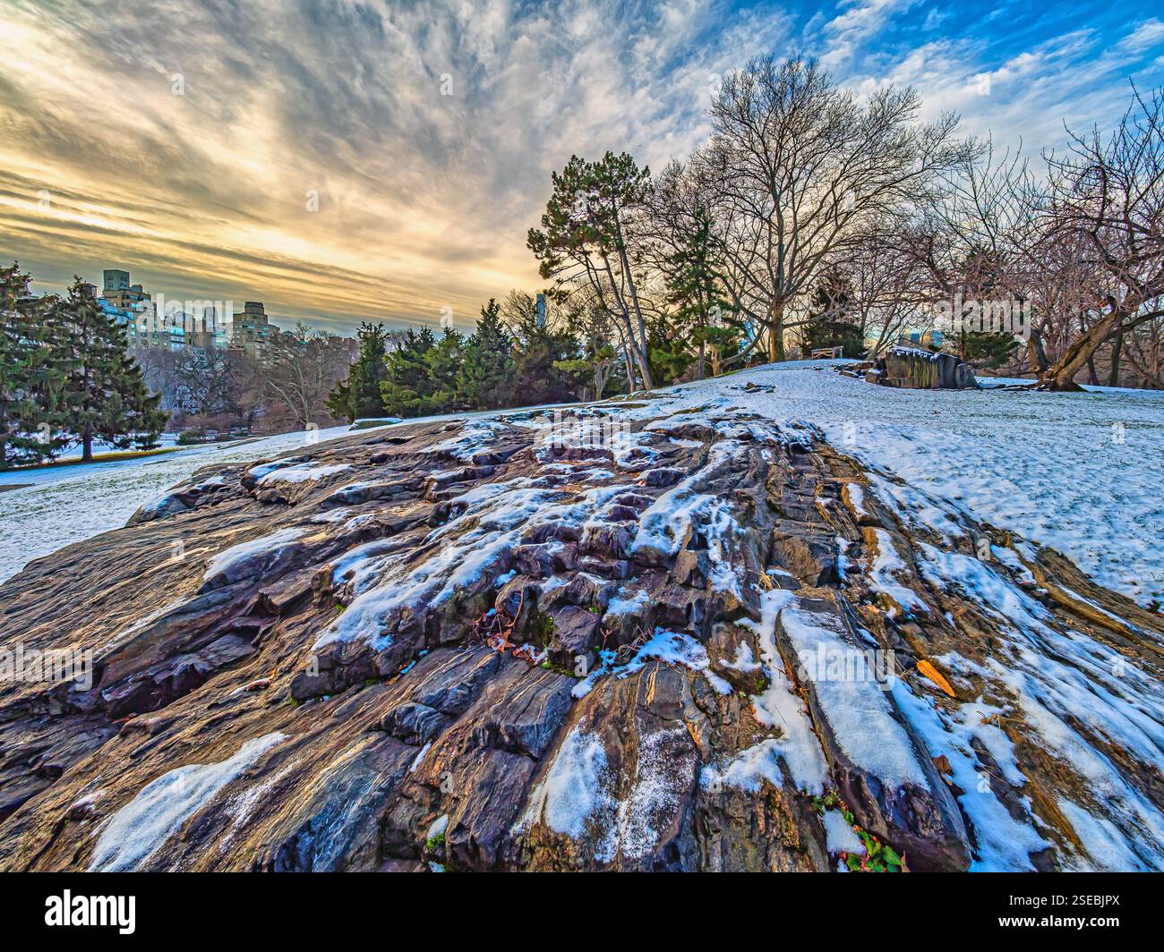 Central Park in winter after snow storm in early morning Stock Photo ...