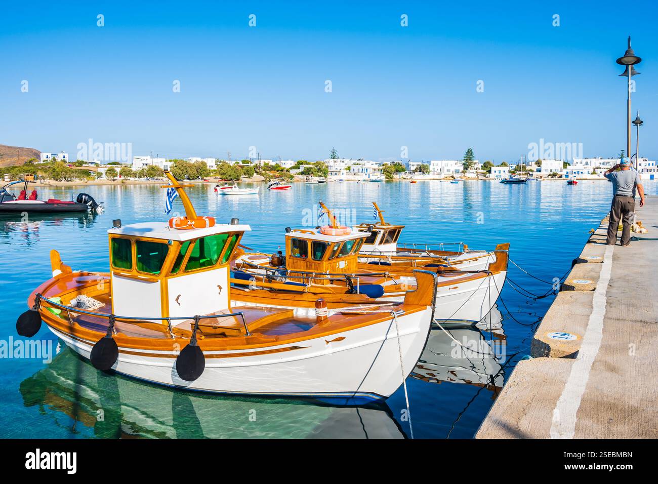 Fishing boats in Pollonia port, Milos island, Cyclades, Greece Stock ...