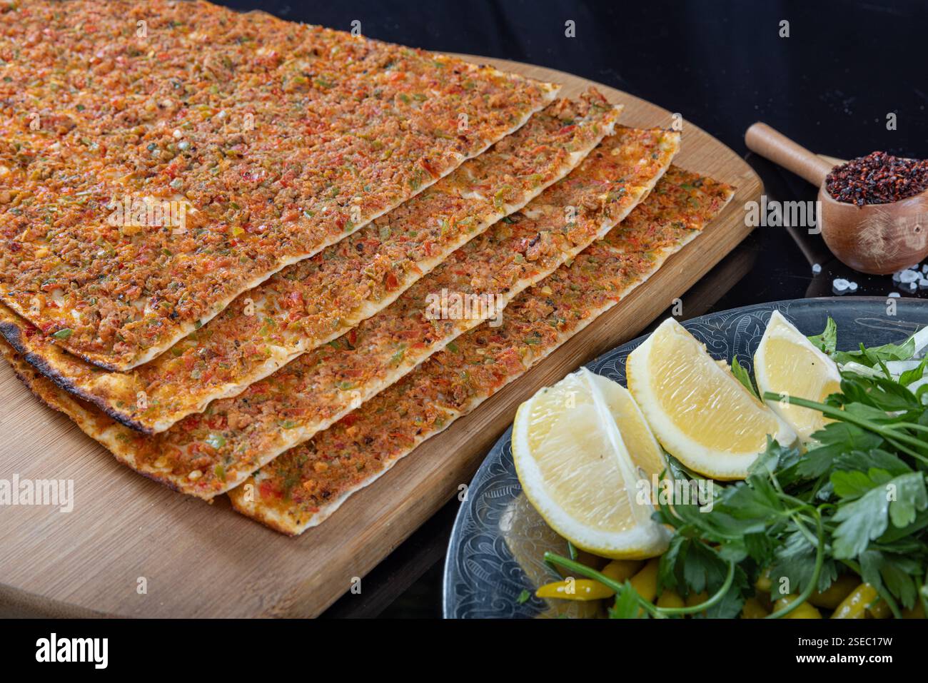 Traditional delicious Turkish foods lahmacun with mince lamb meat ...