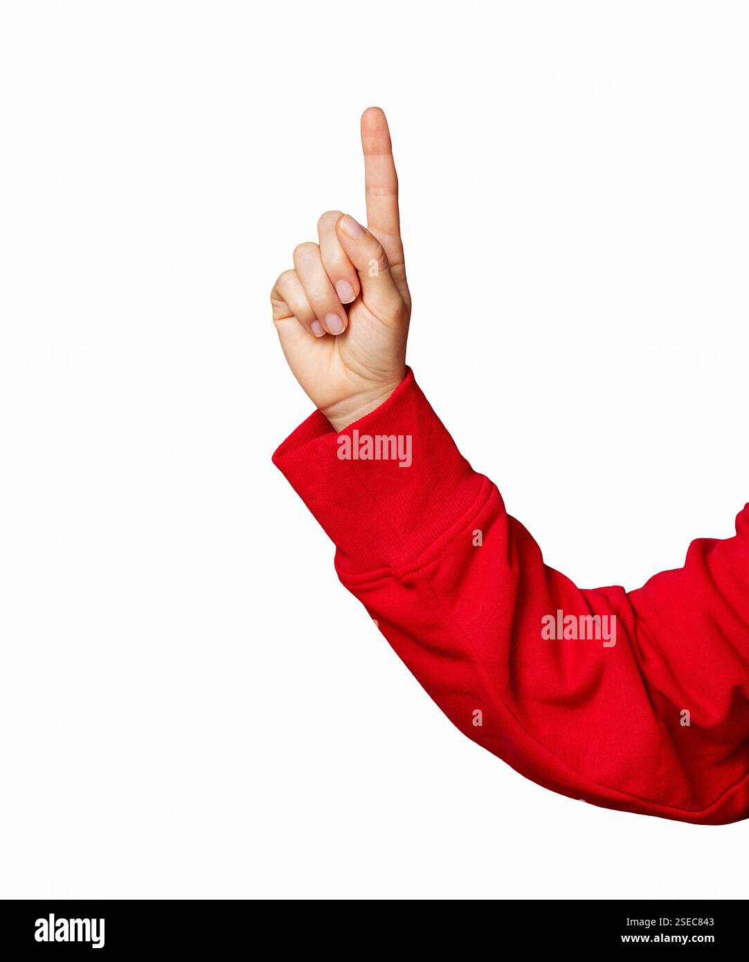 Cutout female hand in red sleeve pointing index finger up Stock Photo ...