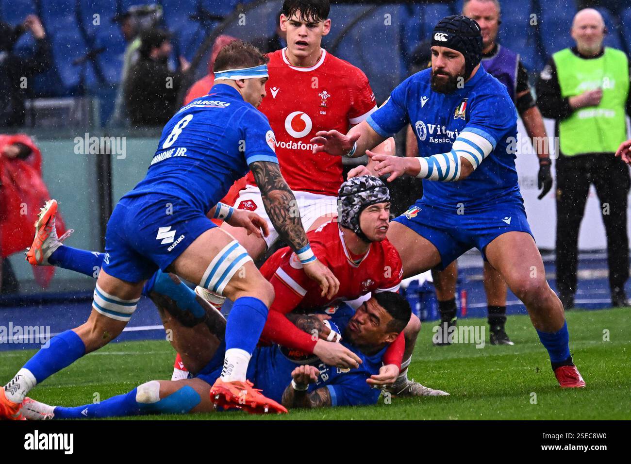 Rome, Italy. 08th Feb, 2025. Monty Ioane's tackle ( ItallRugby ) during ...