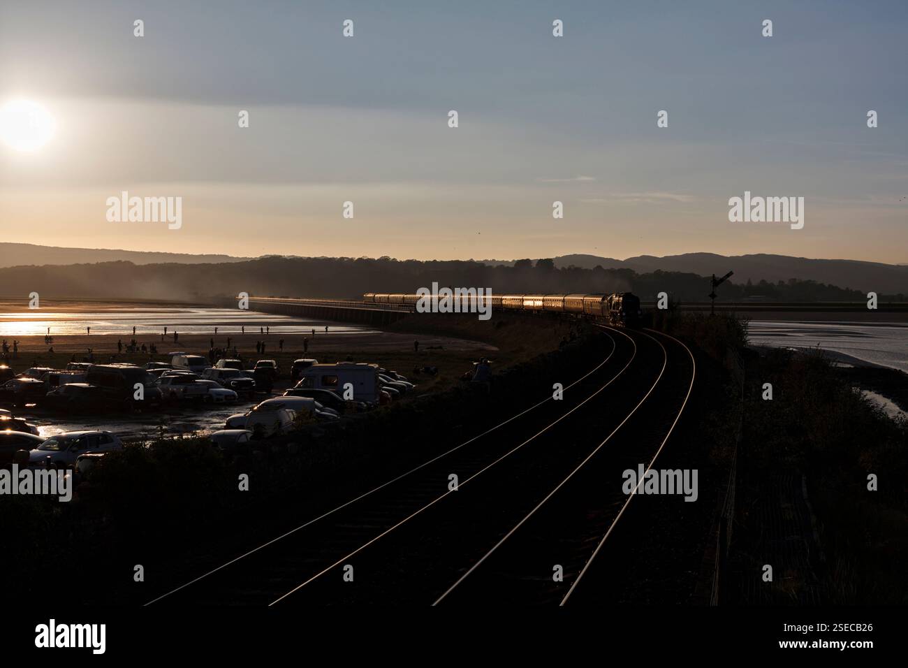 West Country class Steam locomotive 34046 Braunton crossing Arnside ...