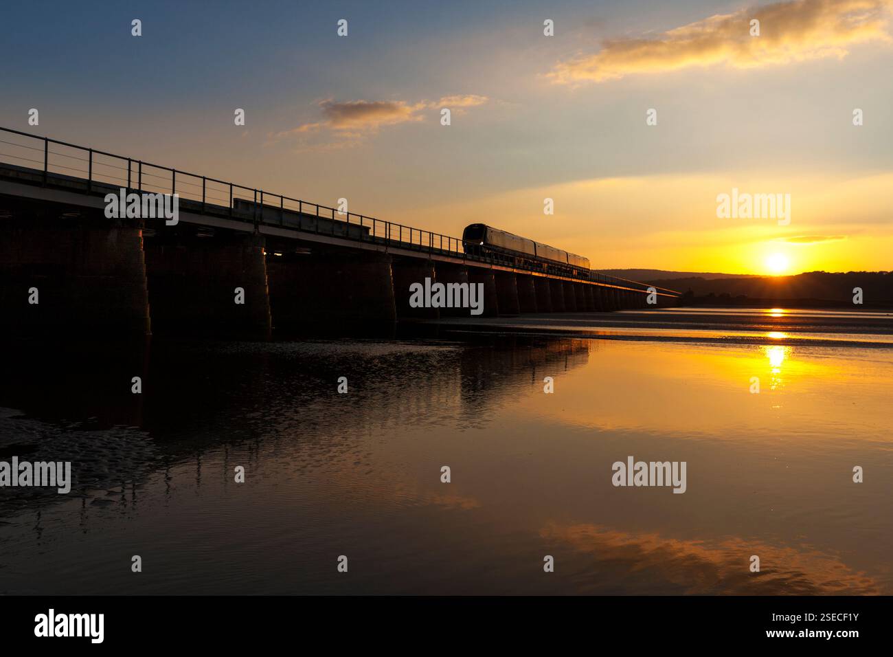 Northern Rail class CAF 195 train crossing Arnside viaduct across the river Kent estuary on the ...
