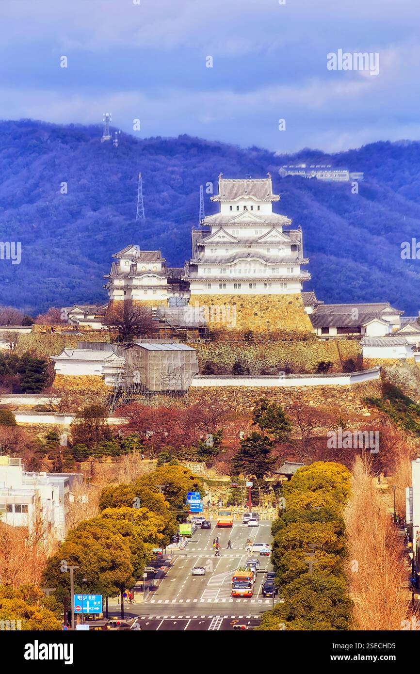 Elevated close up view of historic traditional white tower in Himeji ...