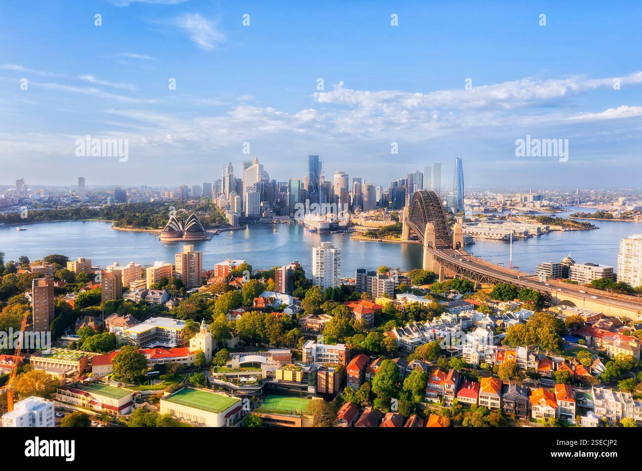 Waterfront of Sydney City CBD from North Shore by the Bridge in aerial ...