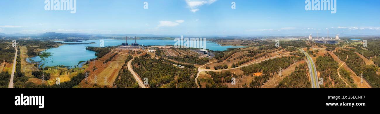 Wide aerial panorama of Liddell to Bayswater power stations at ...