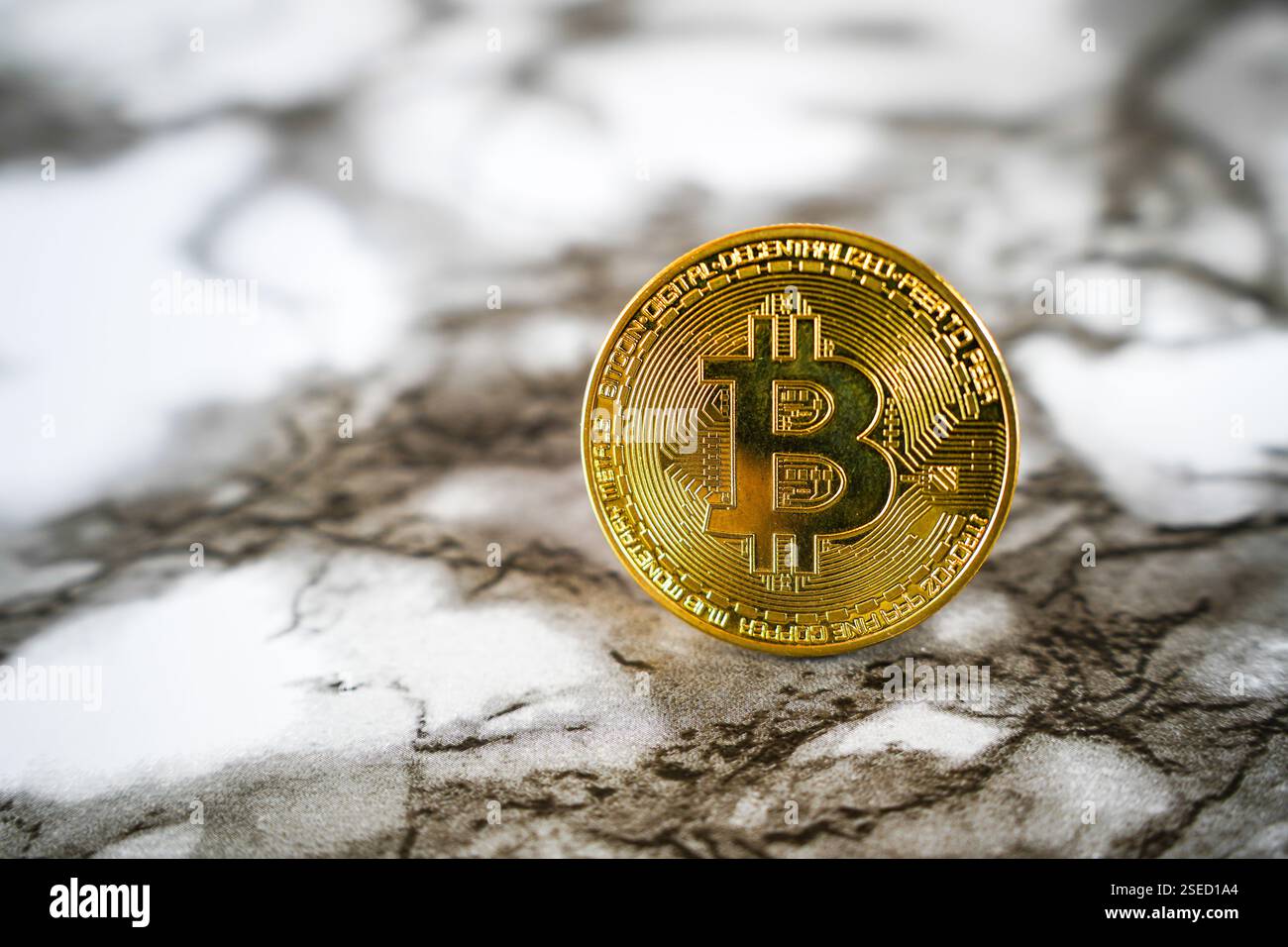 Object photo of a golden metal Bitcoin coin on marbel background Stock ...