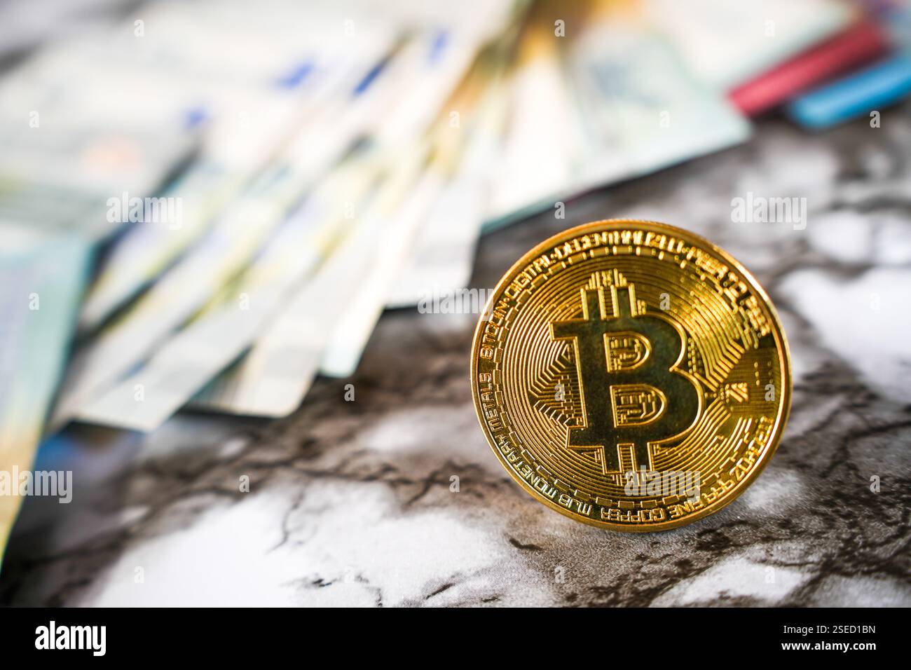 Object photo of a golden metal Bitcoin coin on marbel background Stock ...