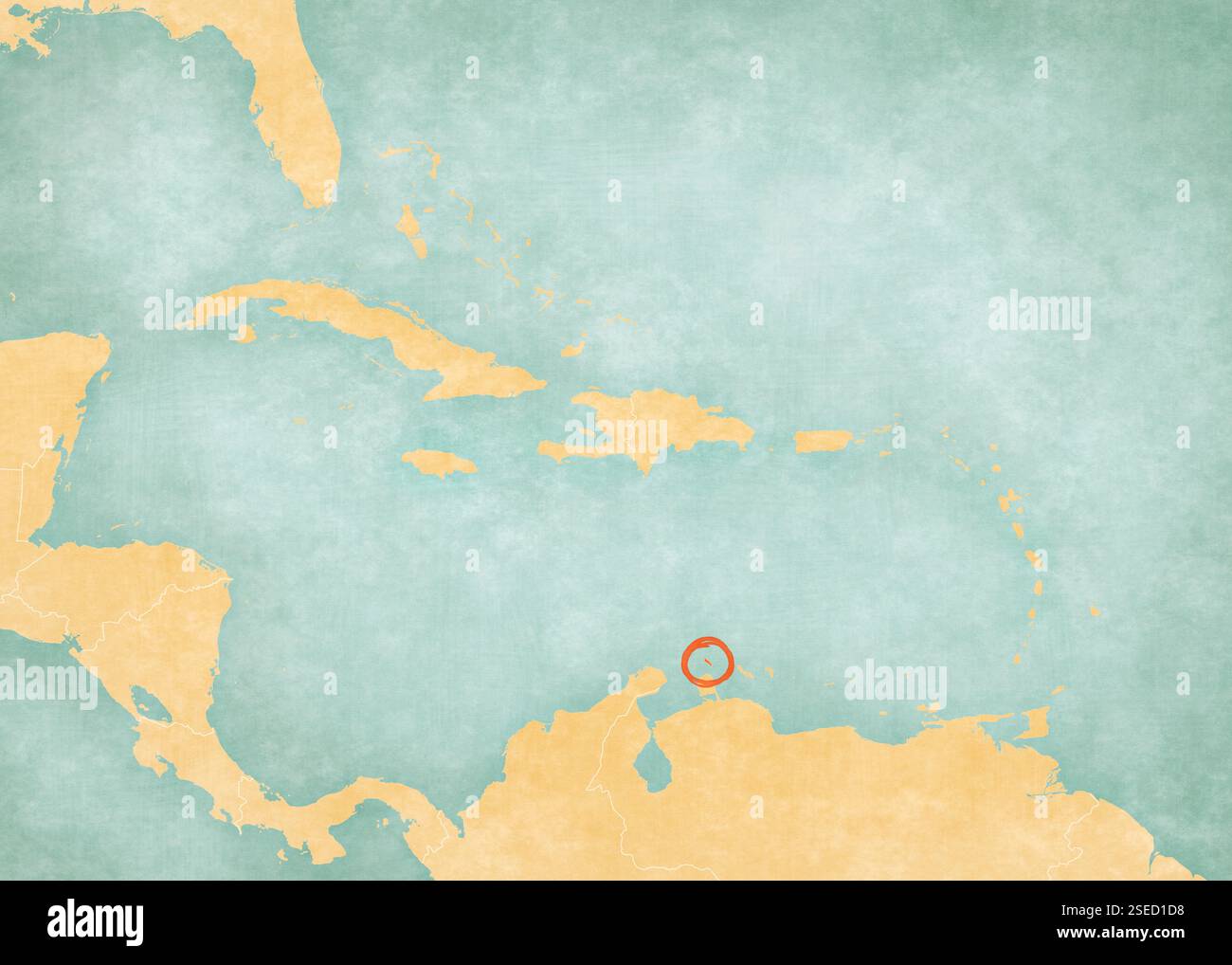Aruba on the map of Caribbean islands in soft grunge and vintage style ...