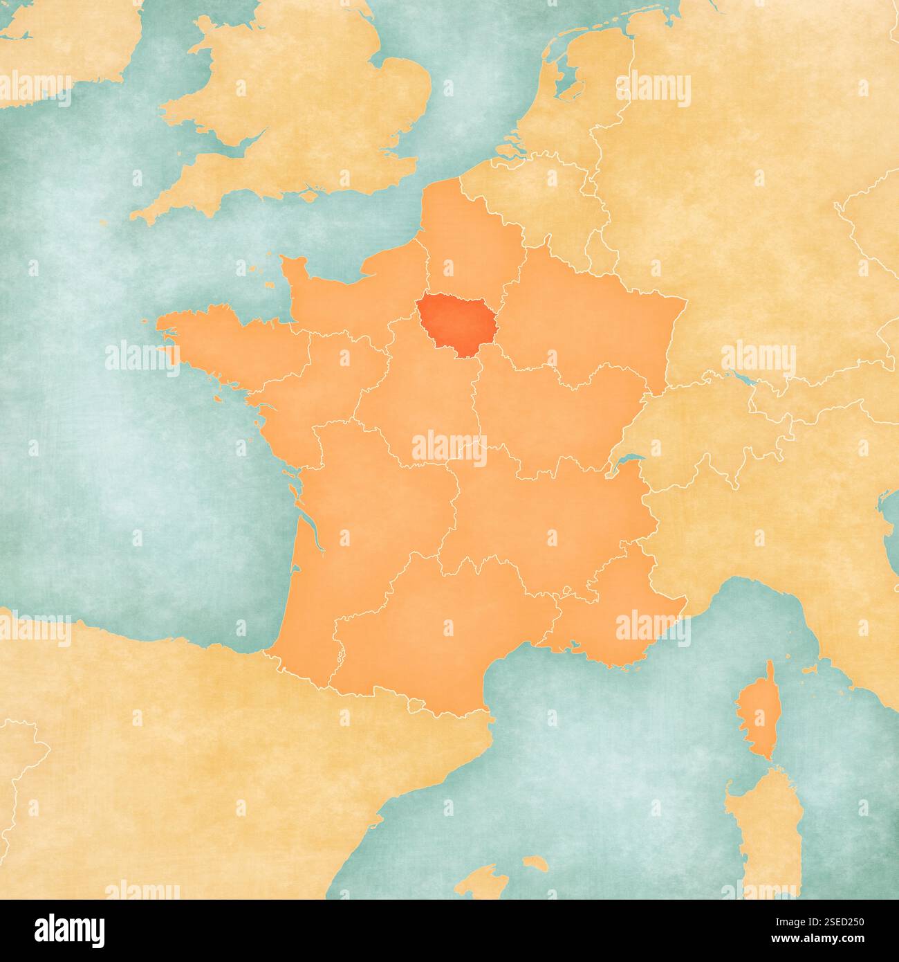 Ile-de-France on the map of France in soft grunge and vintage style ...