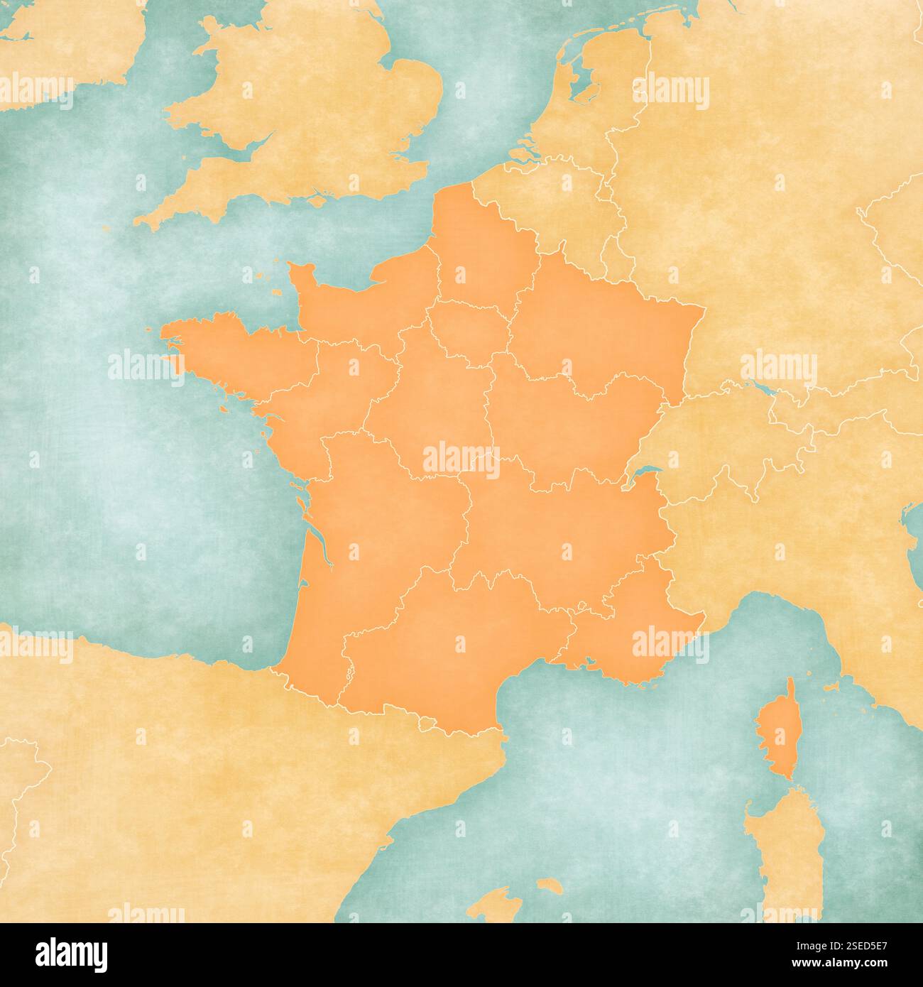 French regions on the map of France in soft grunge and vintage style ...