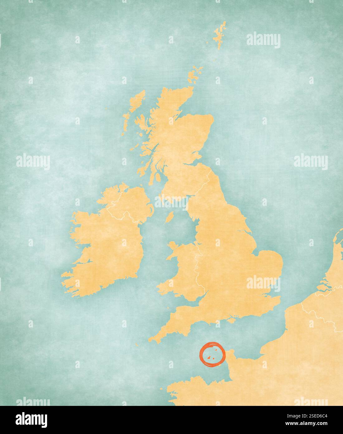 Guernsey on the map of British Isles in soft grunge and vintage style ...