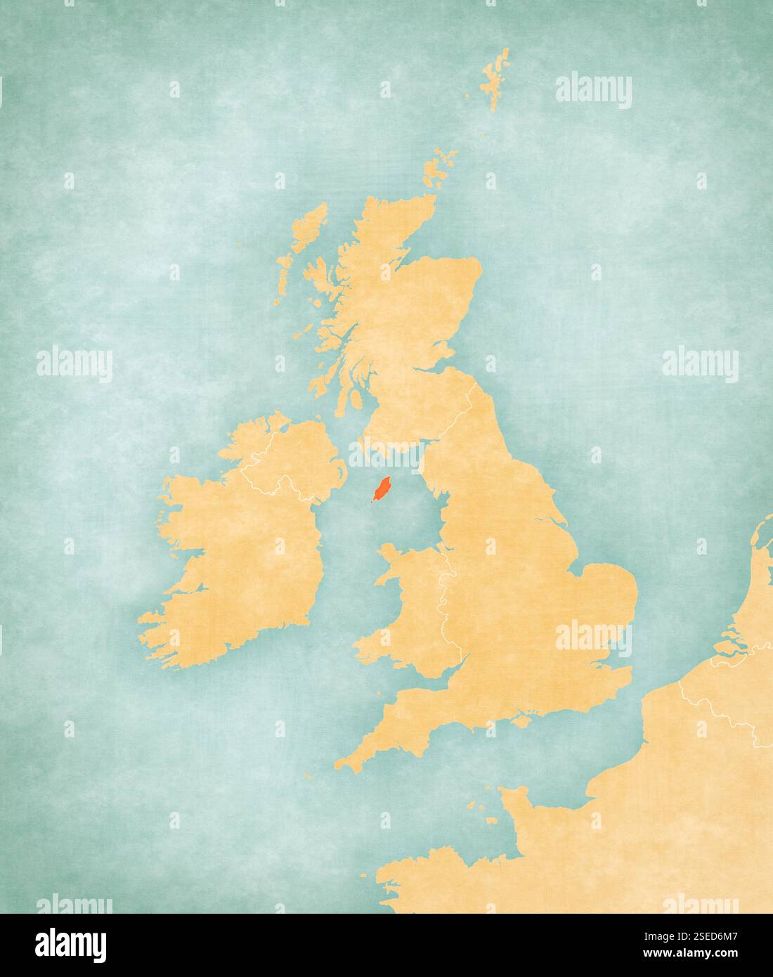 Isle of Man on the map of British Isles in soft grunge and vintage ...