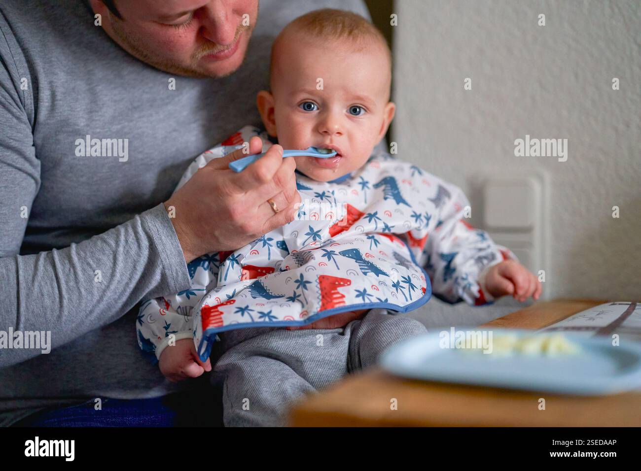 the first complementary feeding of a six-month-old baby with vegetable ...