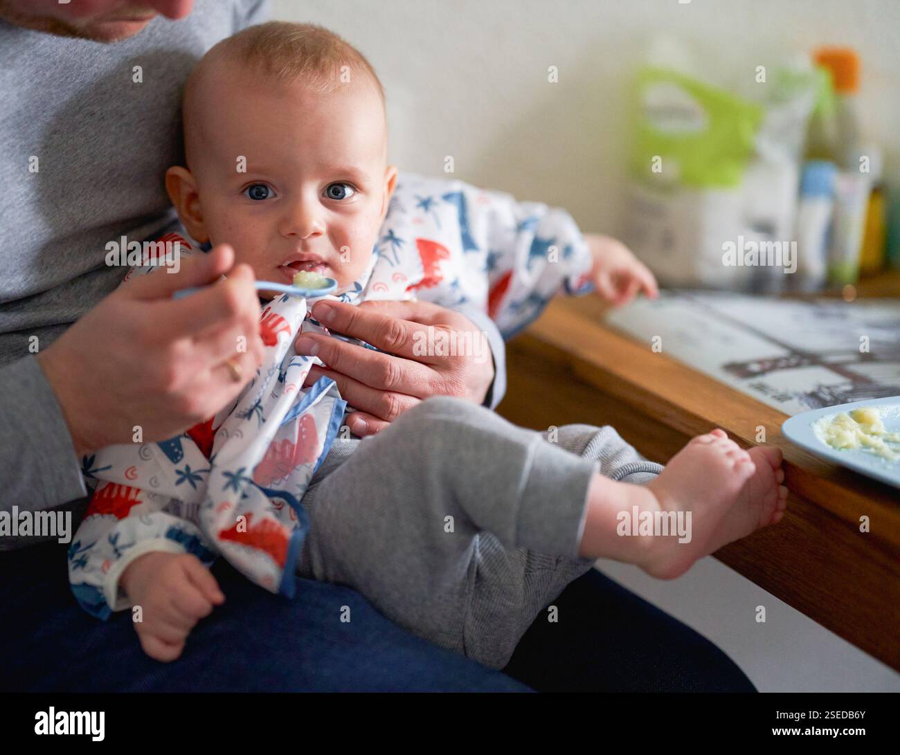 the first complementary feeding of a six-month-old baby with vegetable ...