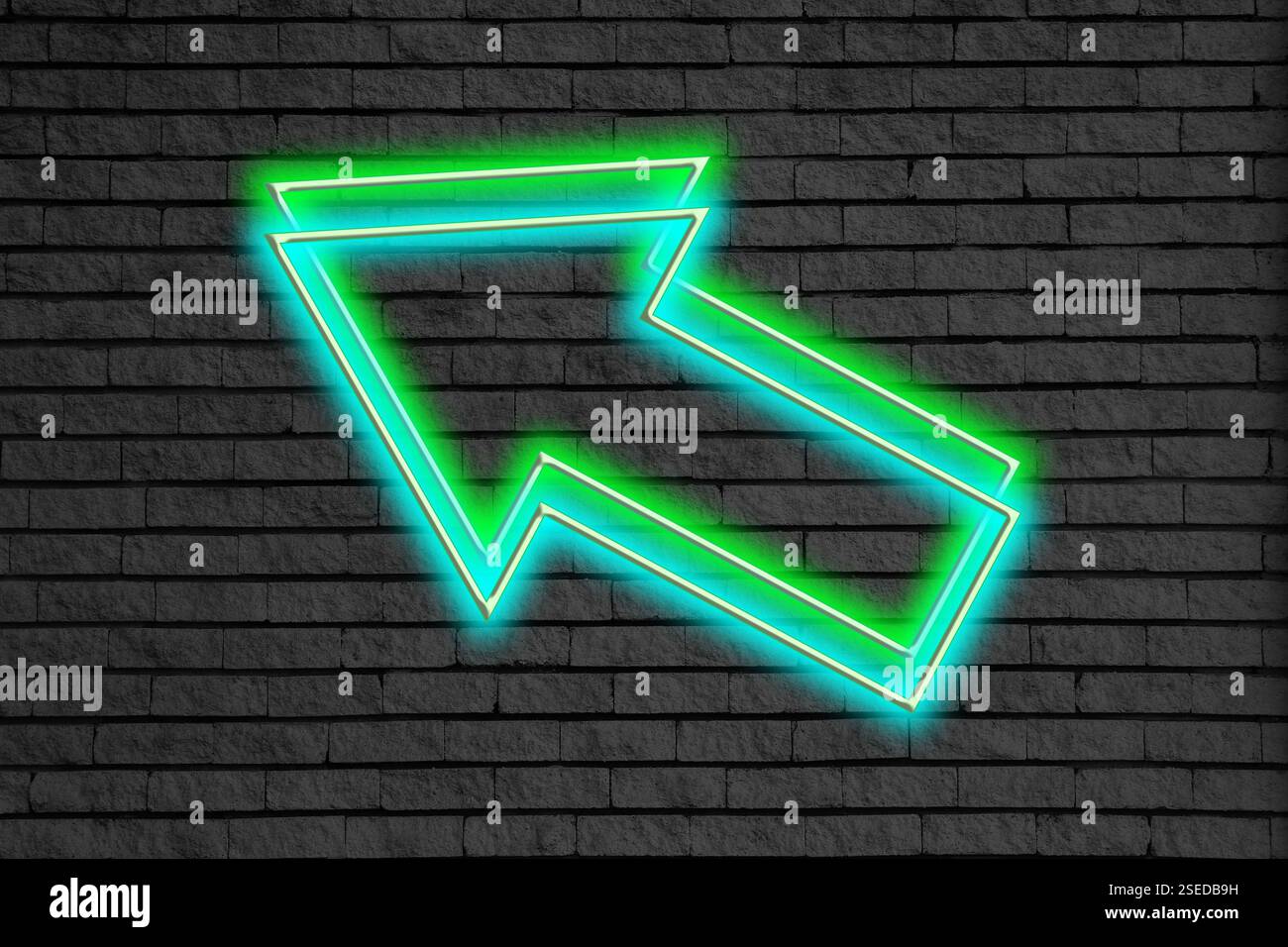 Bright neon arrow-shaped pointer on brick wall Stock Photo - Alamy