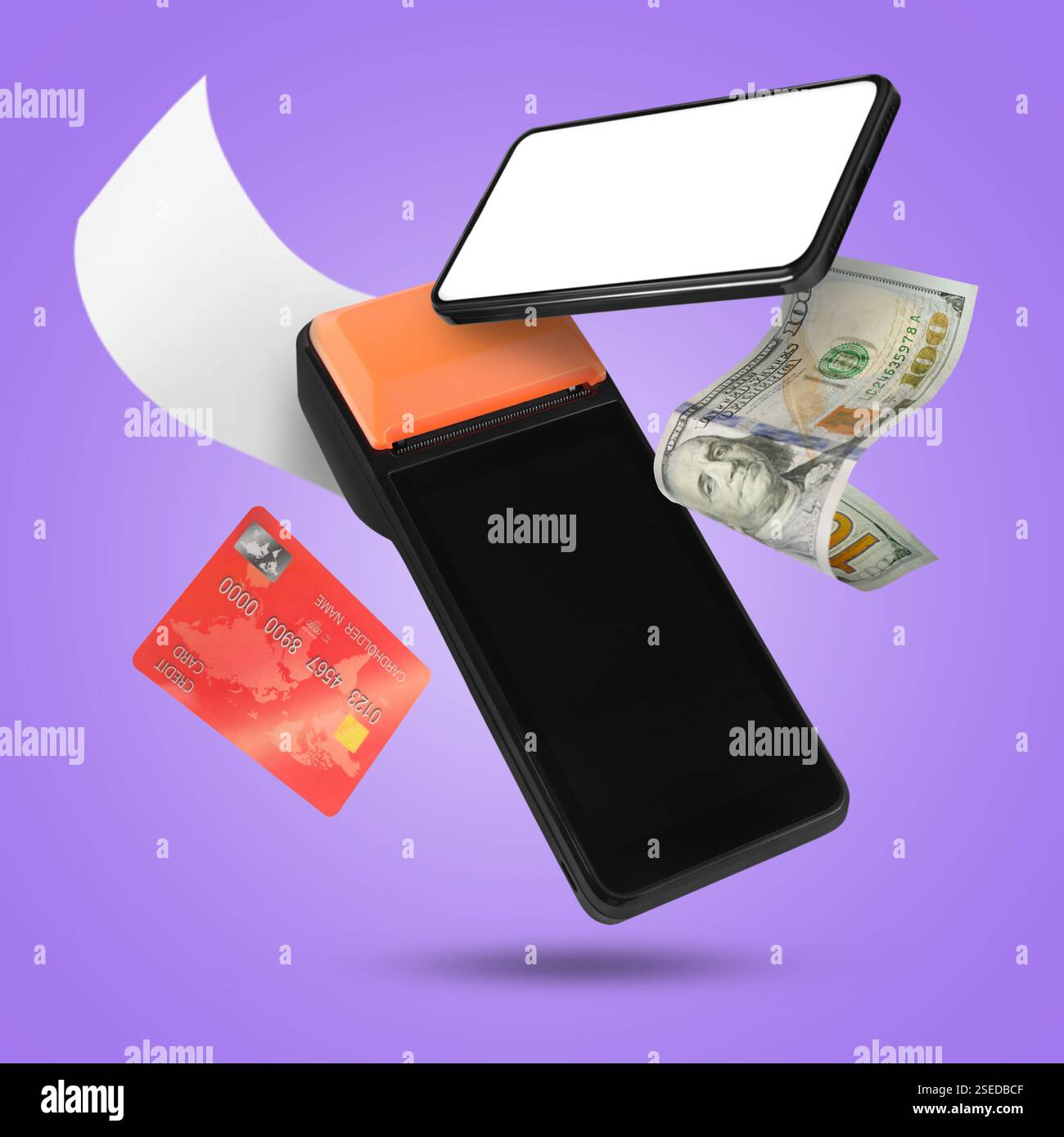Payment terminal, bank card, dollar, mobile phone and receipt in air on ...