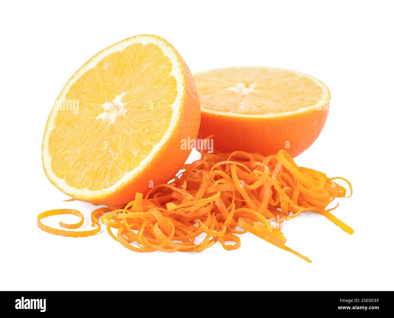 Pile of fresh orange zest and cut fruit isolated on white Stock Photo ...