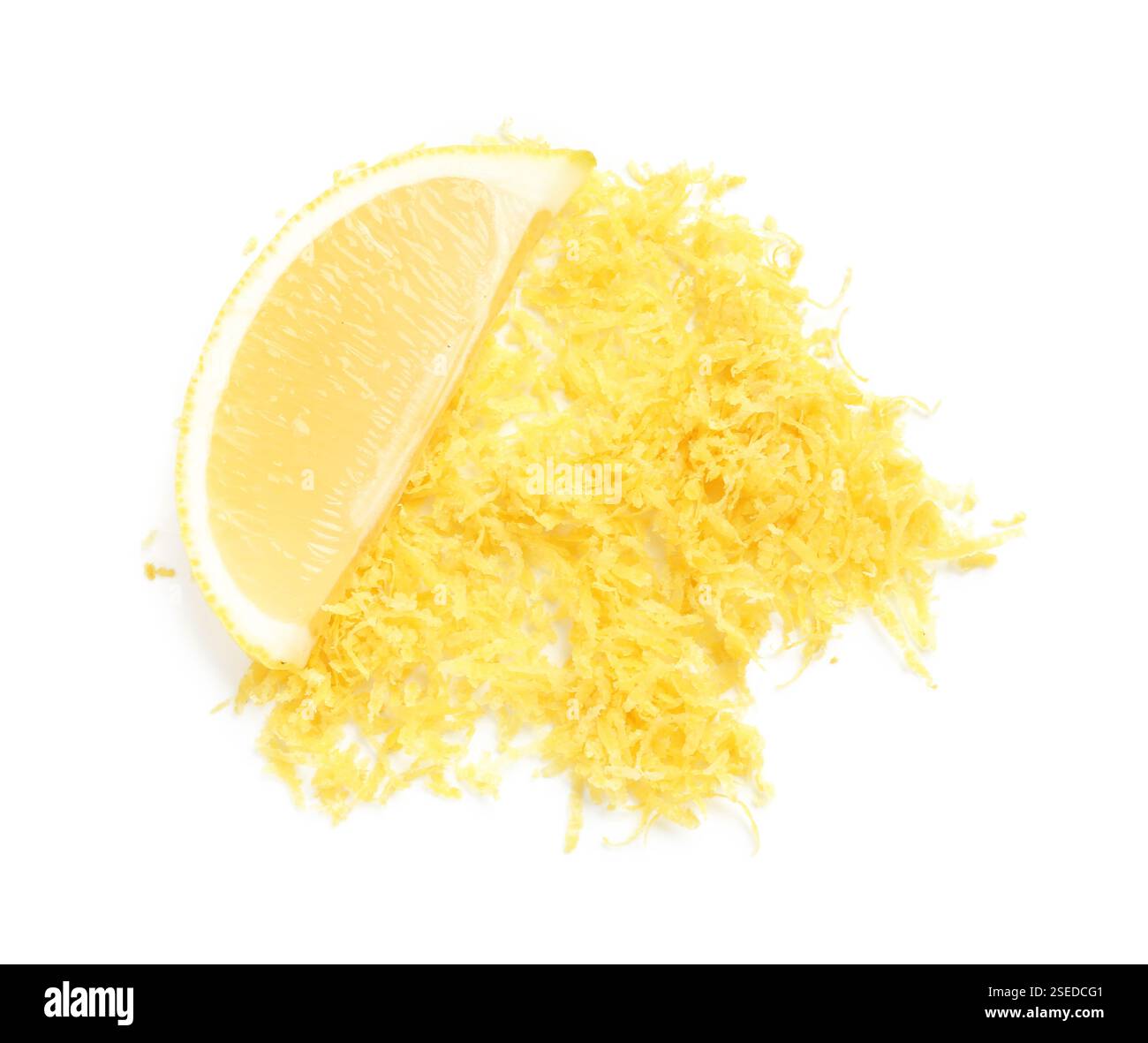 Fresh lemon zest and fruit slice isolated on white, top view Stock ...