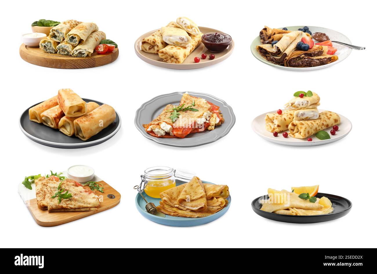 Different tasty crepes isolated on white, set Stock Photo - Alamy